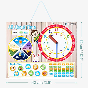 Navaris Kids Magnetic Clock - Early Years Learning - Time Telling and Time of Day Educational Chart for Children - Kids Wall Board - English, Beige