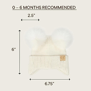 C.C Baby Double Fur Pom Pom Beanie with Ear Flap for Boys Girls Soft Warm Infant Toddler Knit Skully Hat with Faux Fur Ivory