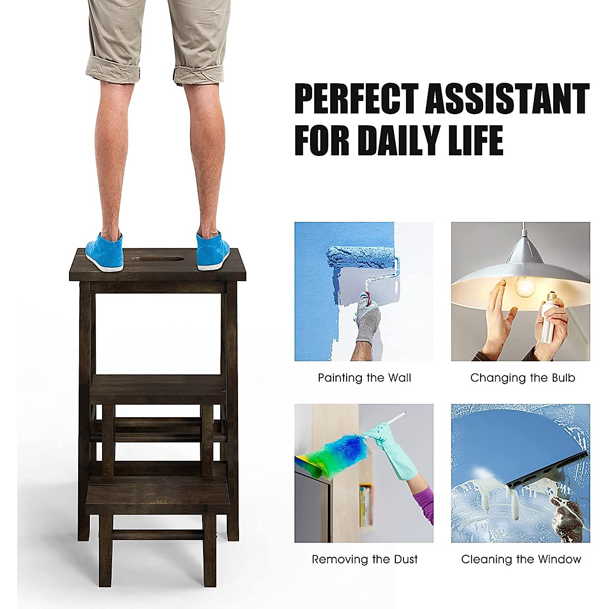 GLACER 3-Tier Folding Step Stool, Portable Wood Step Ladder for Adults & Kids, 3-in-1 Storage Shelf Flower Rack Foot Stool, Ideal for Home, Kitchen, Library (Brown)