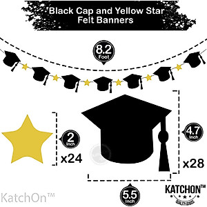 Felt, Black Graduation Cap Garland - 4 String, No DIY | Graduation Garland, Black and Gold Graduation Decorations | Graduation Banner for Graduation Party Decorations 2023 | Graduation Cap Decorations