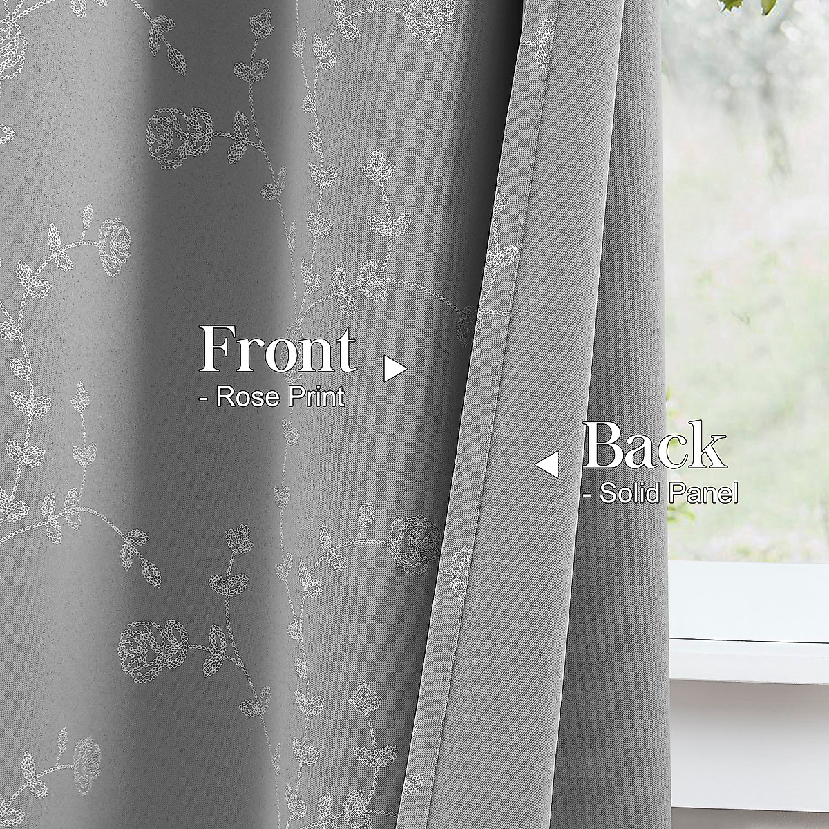 Fragrantex Grey Rose Blackout Curtains Set 84 Inch Length for Bedroom 2 Panels, Thermal Insulated Floral Print Patterned Decorative Room Darkening Living Room Drapes Grommet Top, 52" x 84"