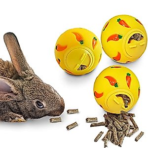 Meric Rabbit & Cat Feeding Ball, Food and Treat Dispenser, Slow Feeder for Bunnies, Physical and Mental Workout for Pets, Exercise Tool, Yellow, 3” (Diameter), 3 Pcs Per Pack 