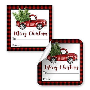 Red Buffalo Plaid Watercolor Pickup Truck Christmas Tag Stickers, Set of 12 2.5 X 2.5 Square Holiday Present Labels by AmandaCreation