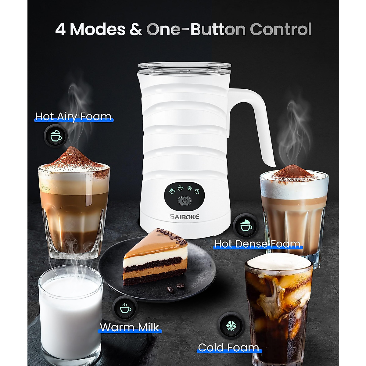SAIBOKE Milk Frother, 4-in-1 Milk Frother and Steamer, 350ml/11.8oz Automatic Hot and Cold Foam Maker, Electric Milk Frother for Coffee, Latte, Cappuccino, Matcha, Hot Chocolate(White)