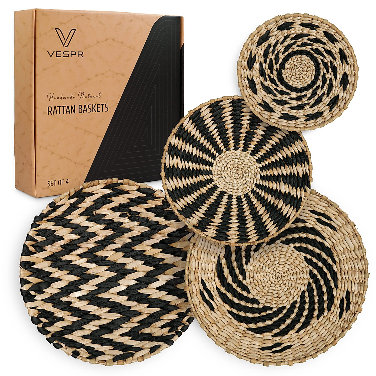 VESPR Rattan Wall Basket Decor with Included Wall Hooks – Bohemian Handmade Wall Art - Centerpiece Decorations - Set of 4 Woven Baskets - Perfect Rustic Home Décor for Kitchen, Living Room, Bedroom