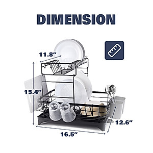 BRONYPRO Dish Drying Rack, 2 Tier Dish Drying Rack for Kitchen Counter, Extra Large Dish Strainer with Drainboard, Dish Organizer with Drying Board, Utensil Holder, Cup Rack, Black