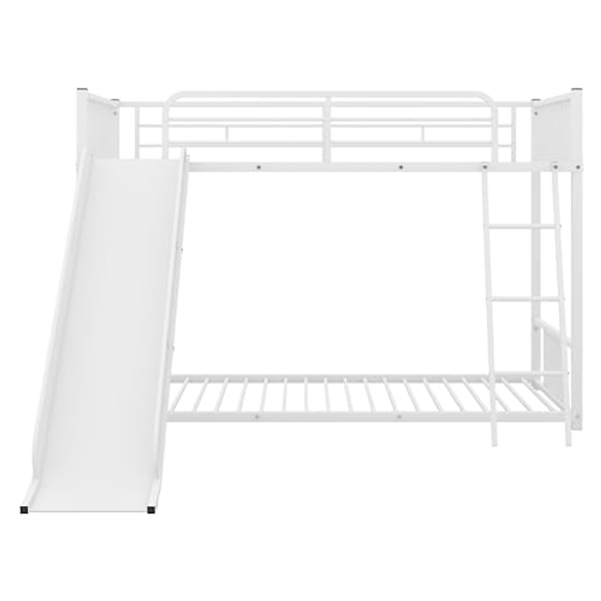 BOVZA Twin Over Twin Low Bunk Bed with Slide, Metal Bunk Bed Frame with Metal Slats Support and Guardrails for Kids Boys Girls Teens, No Box Spring Needed, White
