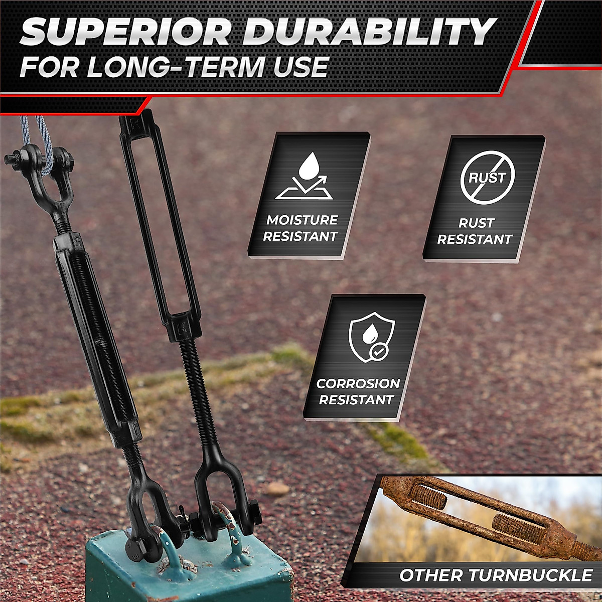 [Premium] 2 Pack 1/2”x13.4” Heavy Duty Jaw and Jaw Turnbuckle, 2200 lbs Working Load Limit, Weather Resistant, Durable Black Turnbuckle for Wire Rope Tension, Shade Sail Hardware, Sun Shade Tent