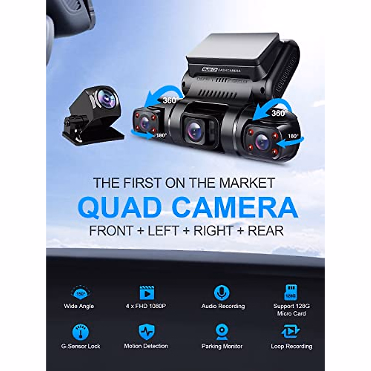 PRUVEEO Dash Cam, 4 Channel Camera FHD 1080Px4, Front, Left, Right and Rear, Front and Rear Inside, GPS, 256 GB Max, Free 128GB Micro SD Card, D90-4CH