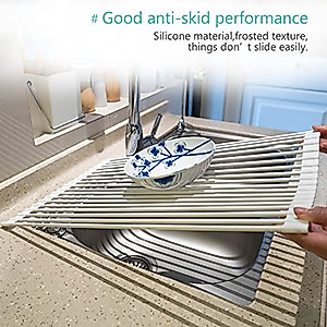 Multipurpose Roll Up Dish Drying Rack White Dish Drying Mat with Rack for Kitchen,Heavy Duty Foldable Silicone-Coated Stainless Steel Roll-Up Sink Dry Rack, Versatile Dish Rack(White,20.5" x 13.1")