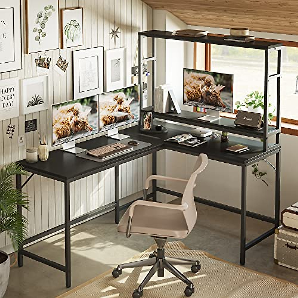 CubiCubi L Shaped Desk with Hutch, 59.1" Corner Computer Desk, Home Office Study Writing Desk Computer Workstation with Two Tier Bookshelf, Black