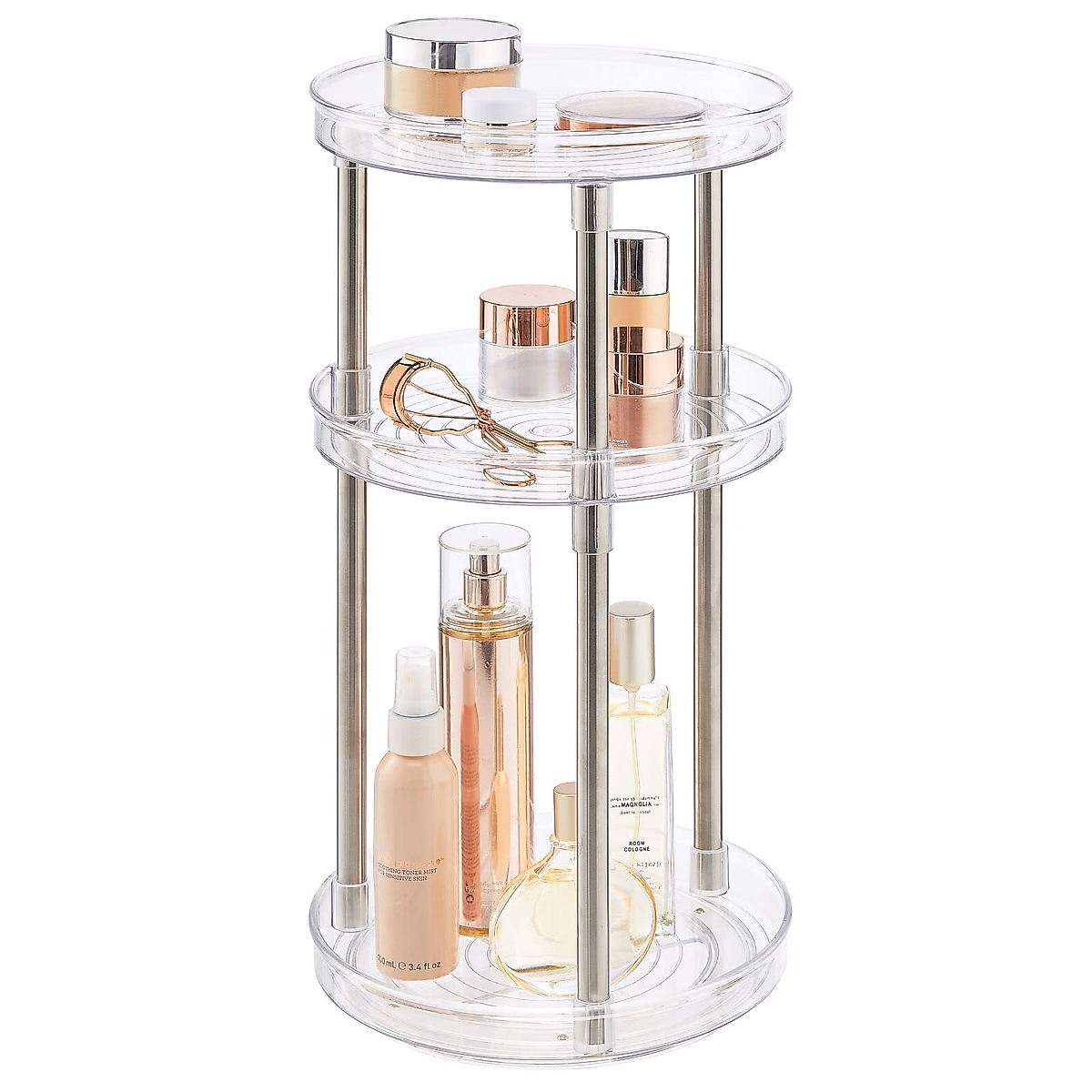mDesign Spinning 3-Tier Lazy Susan 360 Rotating Makeup Organizer Storage Tower - Beauty Cosmetic Organization Caddy for Bathroom Vanity, Countertop, Makeup Table - Ligne Collection - 2 Pack - Clear