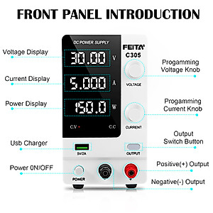 FEITA C305 DC Power Variable Supply Adjustable 30V 5A High Precision Bench Lab Power Supplies Programmable with Output Switch, 5V/2A USB Interface for Anodizing & Electroplating Kit