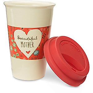 Pavilion Gift Company "A Mother's Love-Beautiful Mother" Floral Stoneware Travel Mug, Pink, 12 oz