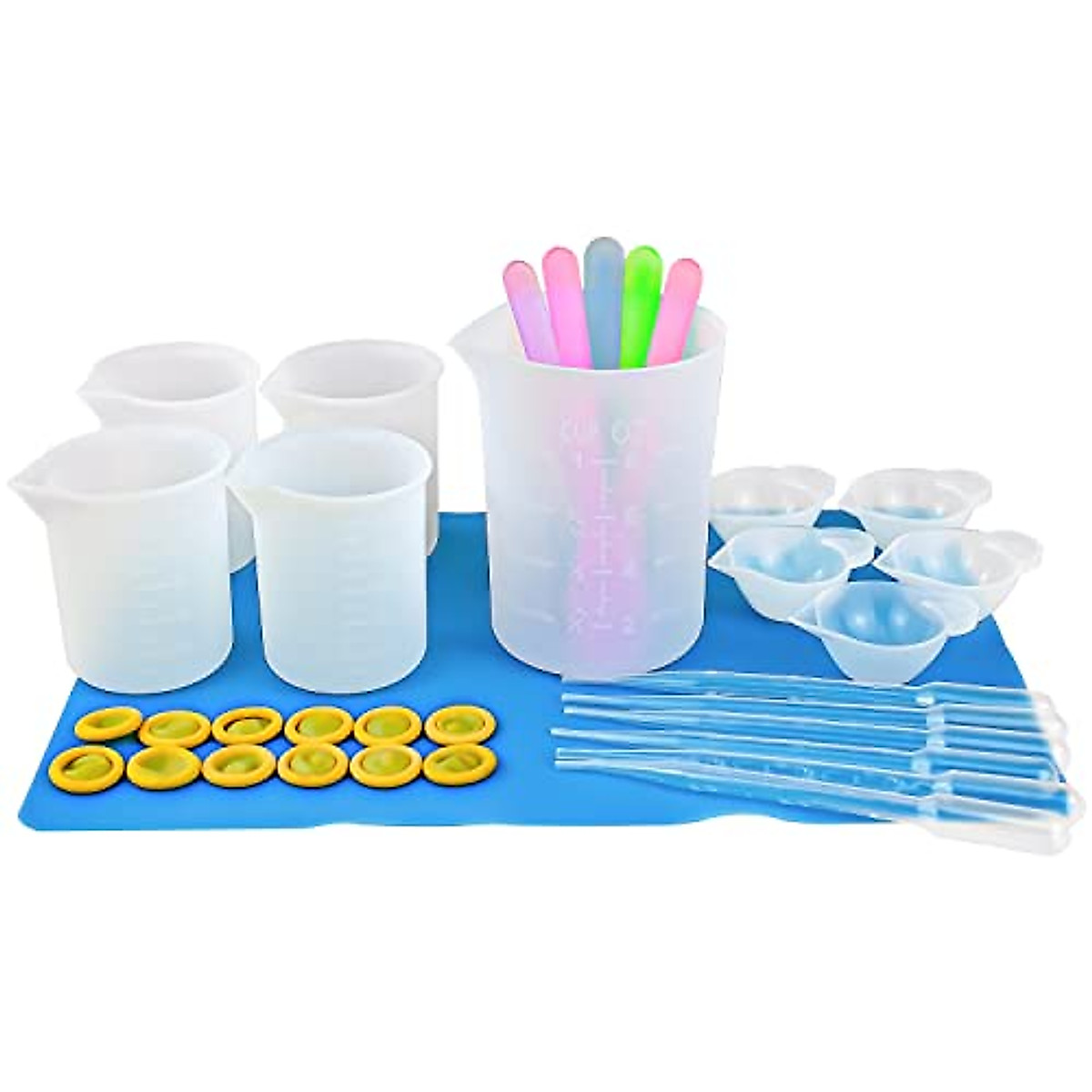 Silicone Measuring Cups Tool Kit for Resin, Non-Stick 250 & 100ml Epoxy Mixing Cups, Reusable Resin Supplies with Silicone Mat, Stir Sticks, Pipettes, Color Cups for Resin, Molds, Jewelry Making