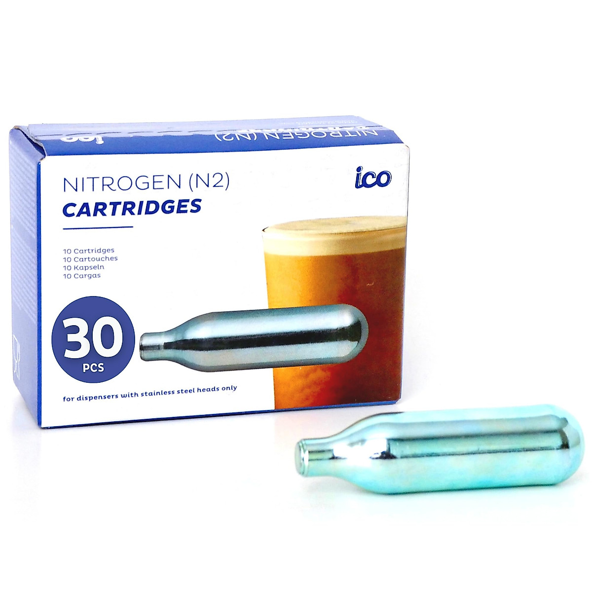 ICO 30pcs Nitrogen Cartridges, N2 Cartridges for Nitro Cold Brew Coffee Maker, Non-Threaded Nitro Cartridge for Making Nitro Cold Brew and Nitro Infused Beverages, 2g