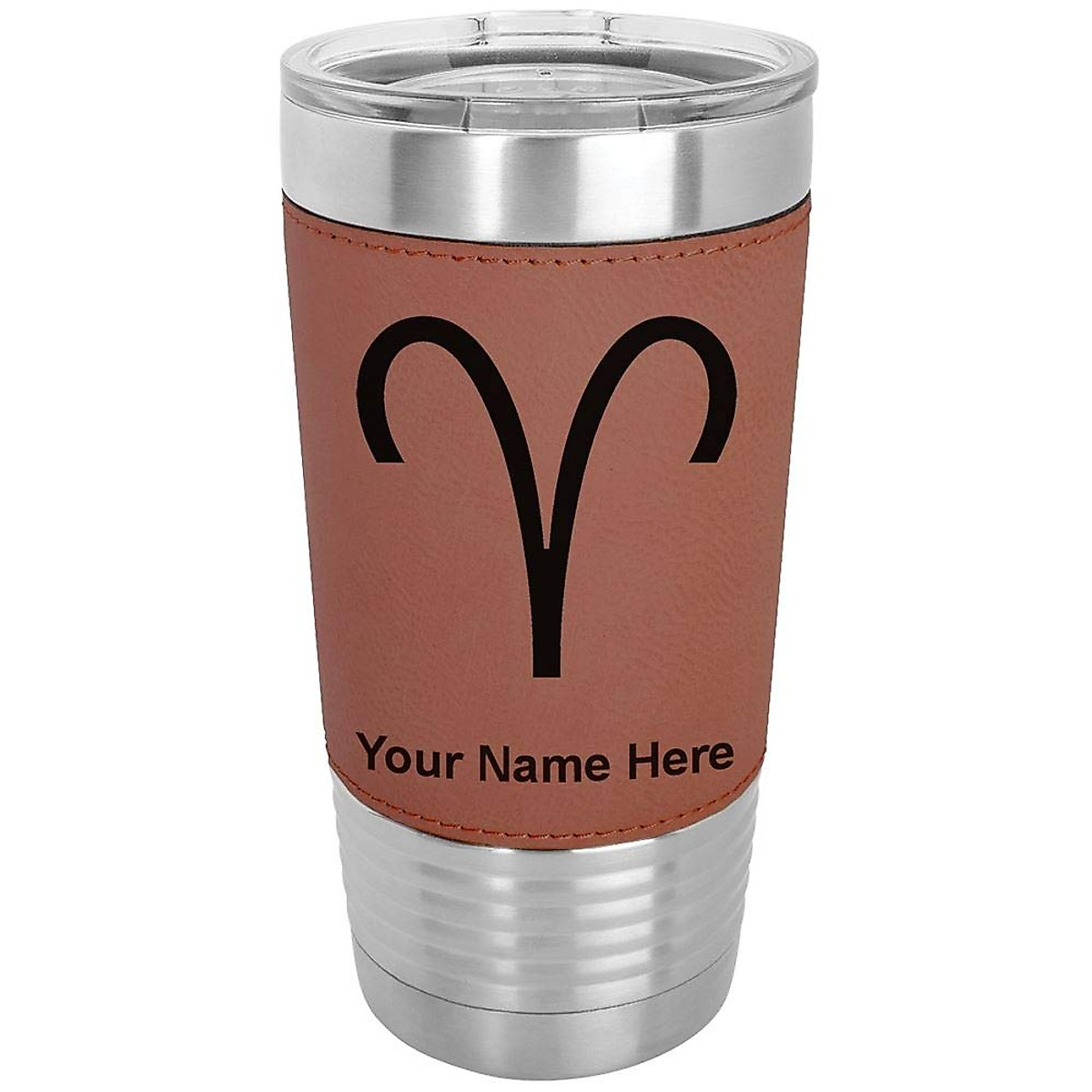 LaserGram 20oz Vacuum Insulated Tumbler Mug, Zodiac Sign Aries, Personalized Engraving Included (Faux Leather, Dark Brown)