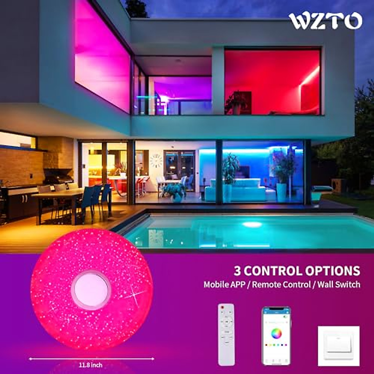 WZTO 36W LED Music Ceiling Light with Bluetooth Speaker, RGB LED Flush Mount Smartphone APP Control Remote Color Changing Ceiling Lamp, Waterproof Light Fixture for Kids Room Bedroom