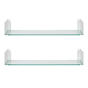 Kate and Laurel Rodi Modern Glass and Metal Shelf Set, Set of 2, White, Floating Book Shelves for Wall