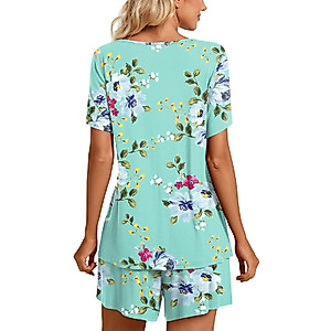 TAOHUADAO Womens Summer 2 Piece Pajama Sets, Short Sleeve Pleated Tunic Tops with Comfy Shorts, Lounge Sleepwear Ladies Pjs Sets with Pockets 2XL, Mint Green