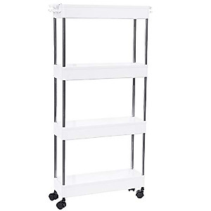 Modern Home 4 Tier Narrow Sliding Storage Organizer Rack - Laundry/Bathroom/Kitchen Rolling Cart (White)