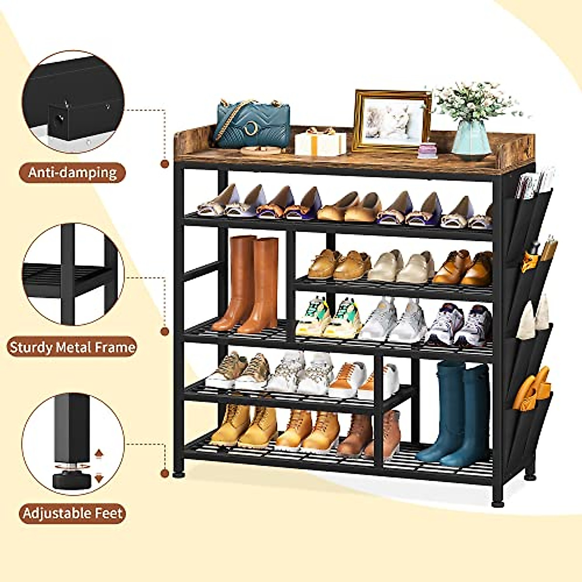 EnHomee Shoe Rack for Entryway Metal Shoe Racks with Boots Storage for 18-22 Pairs Free Standing Entryway Shoes Rack Sturdy Shoe Shelf Wooden Top & Side Pocket for Entry, Entrance, Hallway, Black