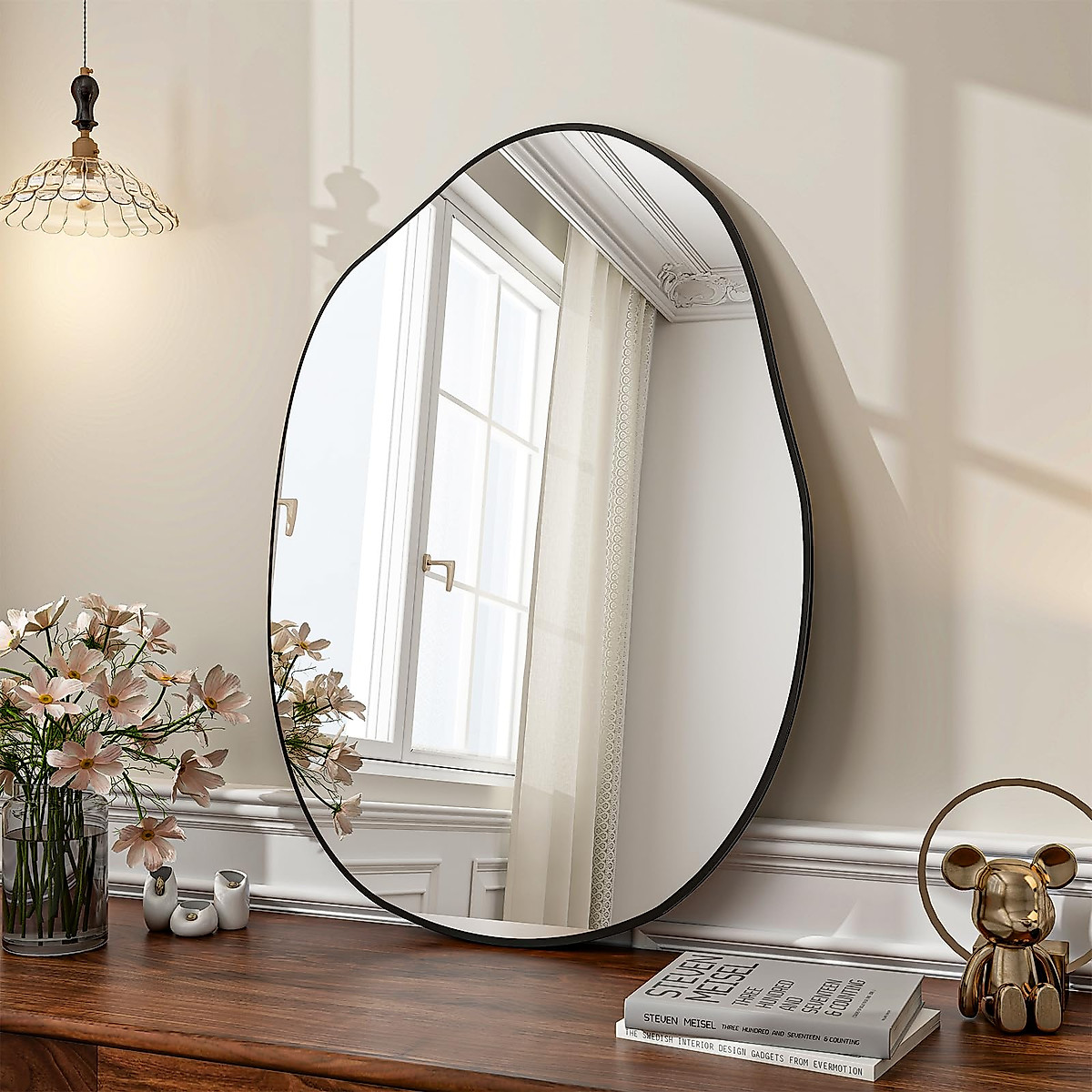 HARRITPURE Irregular Wall Mirror 26"x40" Black Asymmetrical Bathroom Mirror Wood Framed Modern Decorative Vanity Mirrors for Bedroom Living Room Entryway