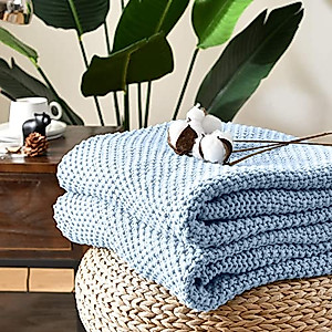 jinchan Cable Knit Throw Blanket Light Blue Sweater 100% Cotton Blanket for Couch Sofa Bed Woven Blanket Spring Throw Blanket Baby Nursery Women Gifts All Season 45x70 Inch