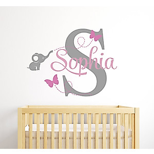 Custom Elephant Name Wall Decal for Girls - Baby Room Decor - Nursery Wall Decals - Elephant Wall Decor