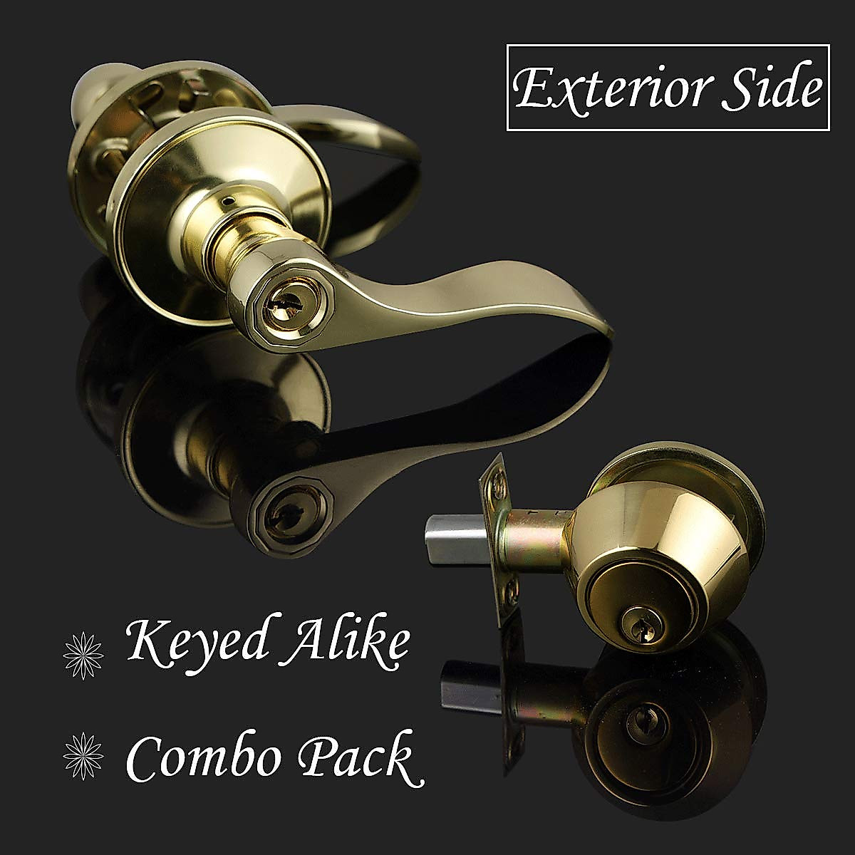 Keyed Alike Entrance Lock Lever Combo Set,3 Set Entry Lever with Single Cylinder Deadbolts in Polished Brass,Wave Door Levers Exterior,Entrance Door Lockset with Deadbolts,Front Entry Handle Golden