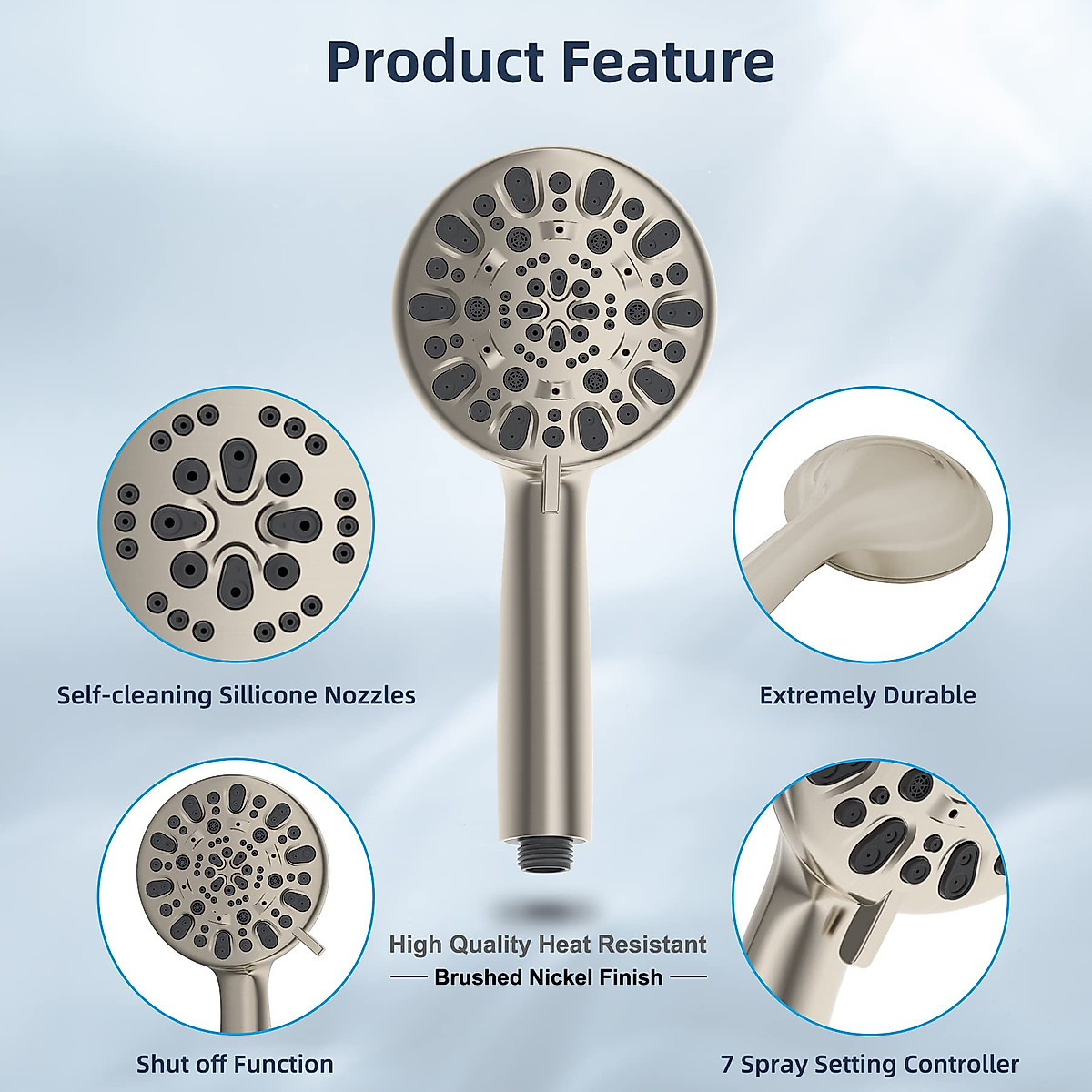 Hibbent 10" Thickness Metal Rainfall Shower Head/Handheld Showerhead Combo with 12'' Adjustable Curved Shower Extension Arm, 7-Spray, 71'' Hose, Adhesive Showerhead Holder, Brushed Nickel