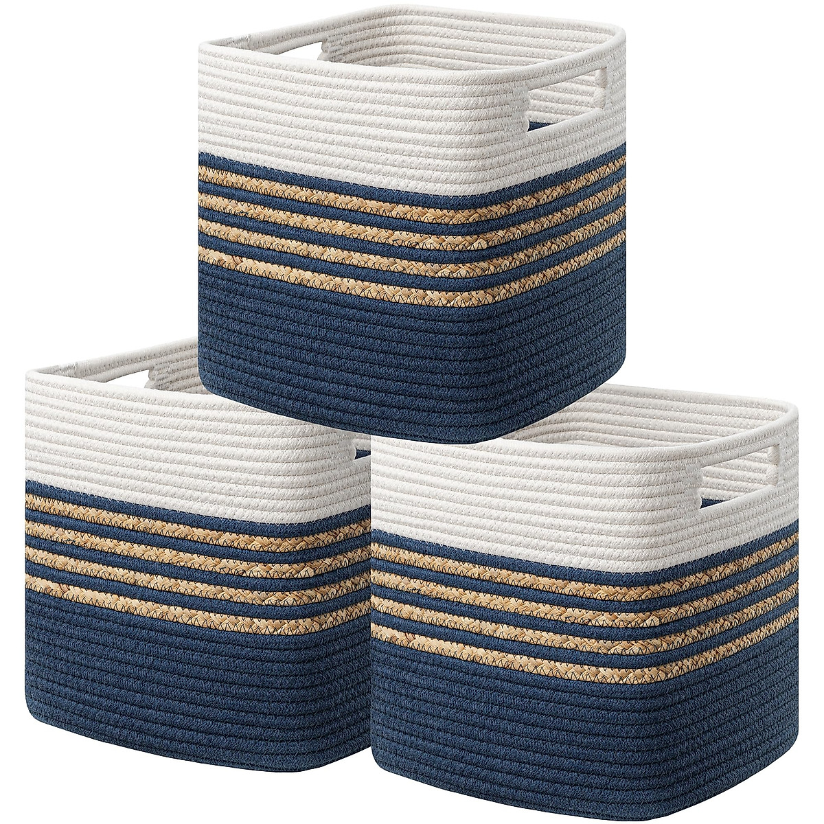 UBBCARE Set of 3 Storage Cubes 11 X 10.5 X 10.5 in, Water Hyacinth Storage Bins for Shelves, Toys, Book, Storage Baskets with Handles, Cotton Rope Woven Baskets for Organizing, Navy Blue