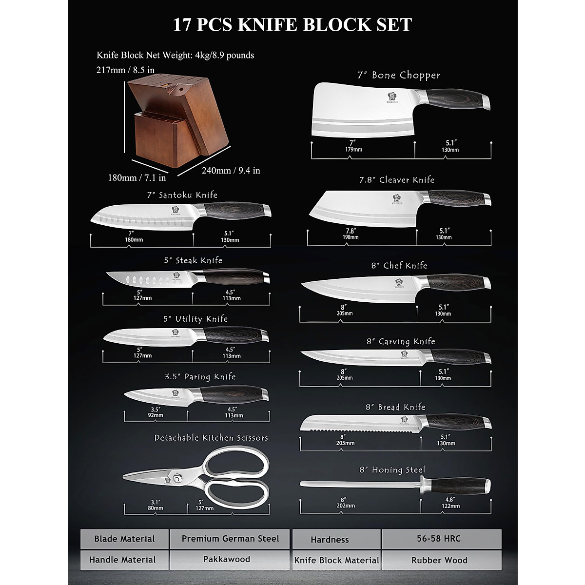 WILDMOK Kitchen Knife Block Set, 17-piece Knife Set with Wooden Block German Steel Kitchen Knives Sets with Bone Chopper, Gift Box