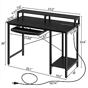 Rolanstar Computer Desk with Power Outlet and Monitor Stand Shelf, 47” Home Office PC Desk with Keyboard Tray and USB Ports Charging Station, Desktop Table, Stable Metal Frame Workstation, Black