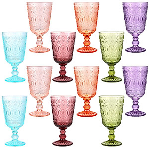Wine Glasses Set of 12 Vintage Goblet 9 oz Vintage Colored Glass Goblet Beverage Stemmed Glass Cups Romantic Embossed Glassware for Wedding Party Holidays Anniversary (Multi Colors)