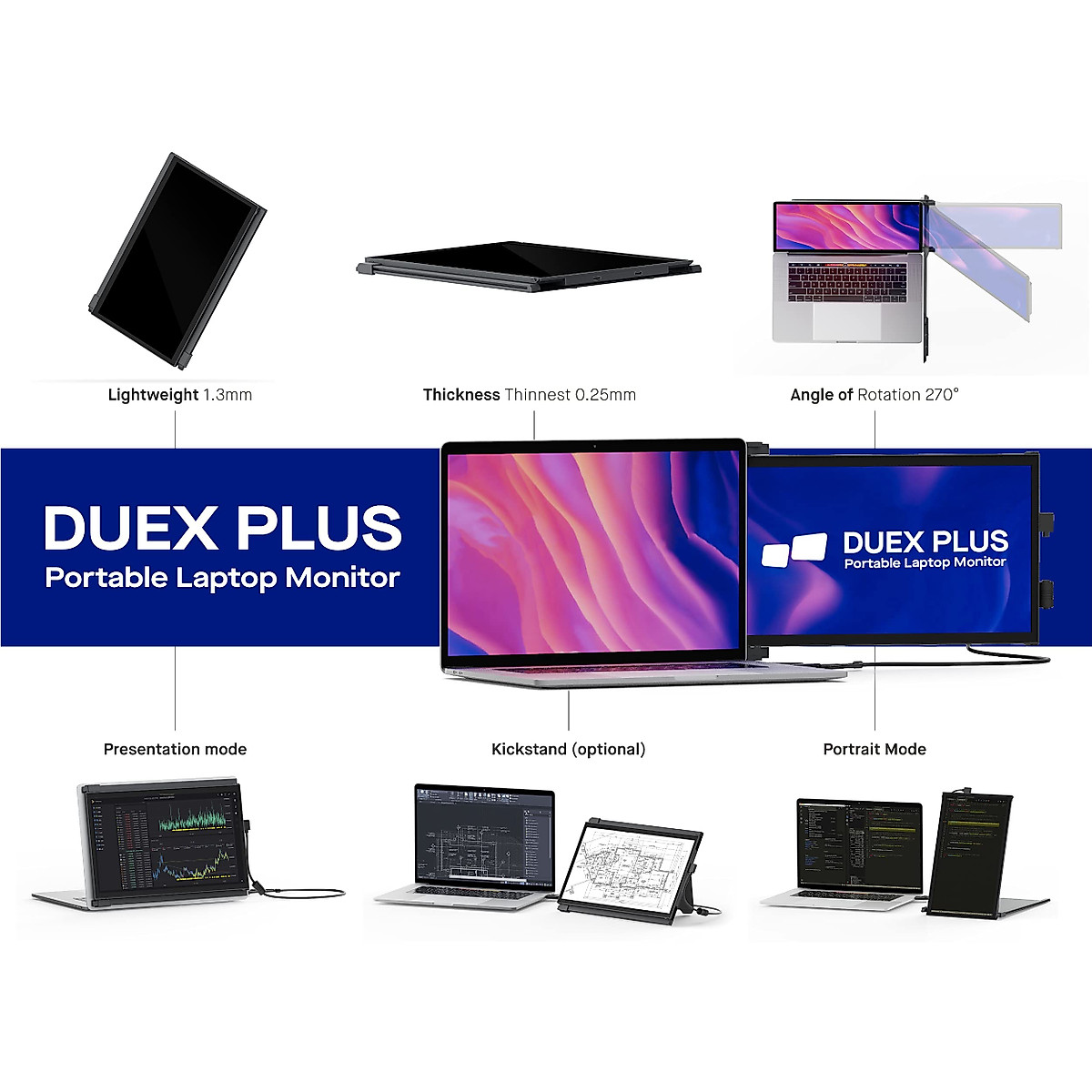Mobile Pixels Duex Plus Portable Monitor for Laptops, USB C/USB A Plug and Play 13.3in FHD 1080p Laptop Screen Extender