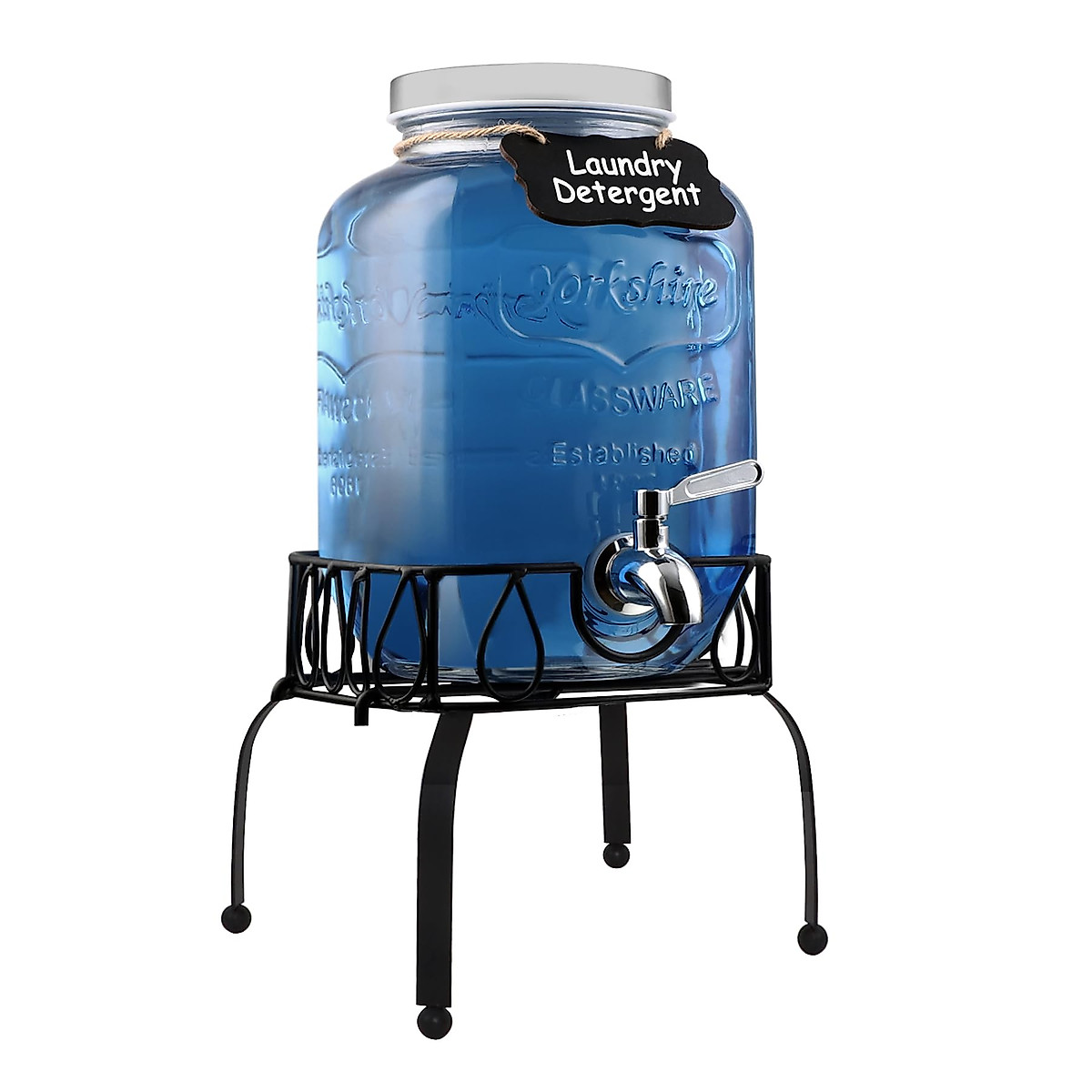 1 Gallon Beverage Dispenser with Stand, 18/8 Stainless Steel Spigot - Airtight & Leakproof Glass Sun Tea Jar with Anti-Rust Lids, Drink Dispensers for Parties - Laundry Detergent Dispenser