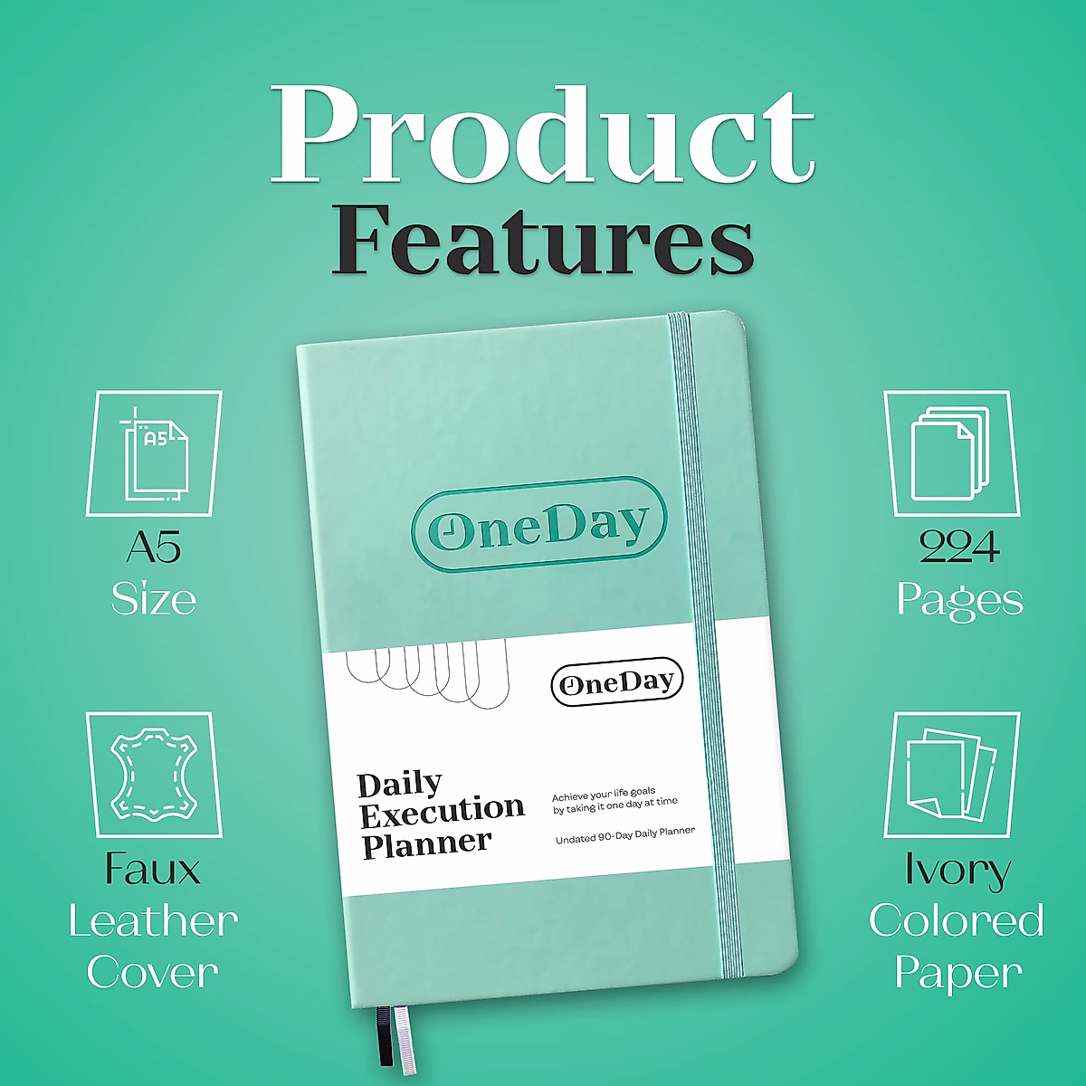 One Day - Daily Execution Planner - Boundless Black - Undated 90 Day Journal With Positive Quotes - Daily Time Management Notebook - Project Management Organizer With Faux Leather Cover