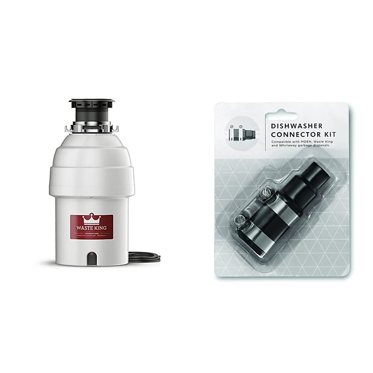 Waste King Legend Series 1 HP Continuous Feed Garbage Disposal with Power Cord - (L-8000) & Garbage Disposal Dishwasher Connector Kit - 1023