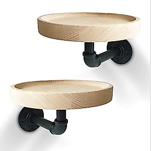 Round Oak Solid Wood Rustic Floating Shelves, Deep Wall Hanging Shelf with Metal Industrial Pipe Brackets, 7.1 inches Diameter. Room Home Décor, Kitchen, Bedroom, Bathroom Storage (2 Pack)