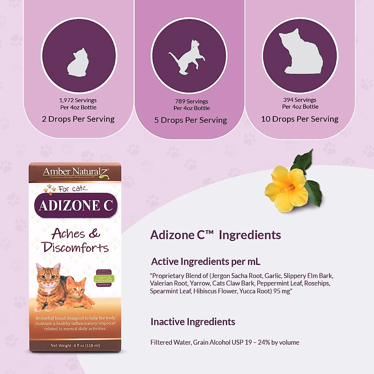 Amber NaturalZ Adizone C Herbal Supplement for Cats | Feline Herbal Supplement for Occasional Soreness, Stiffness, Aches and Discomfort | 4 Fluid Ounce Glass Bottle | Manufactured in The USA