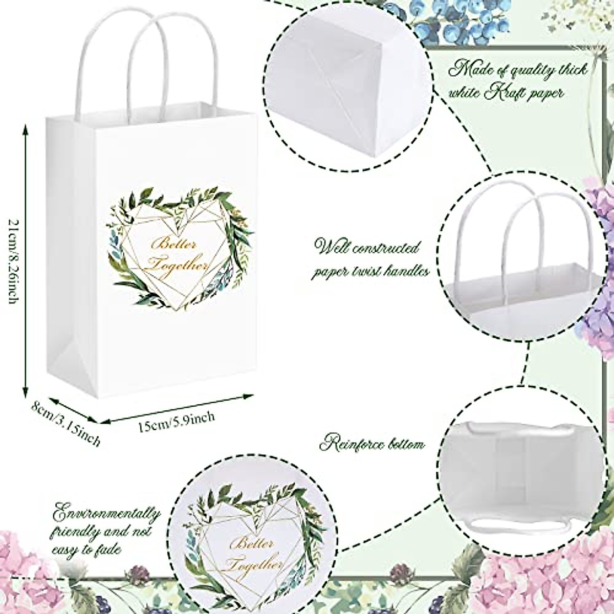 60 Packs Wedding Gift Bags Better Together Party Favor Bags Kraft Paper Bridal Shower Gift Bags with Handles Wedding Gift Wrap Bags for Wedding Bridal Engagements Party, 8.27 x 5.91 x 3.15 Inch