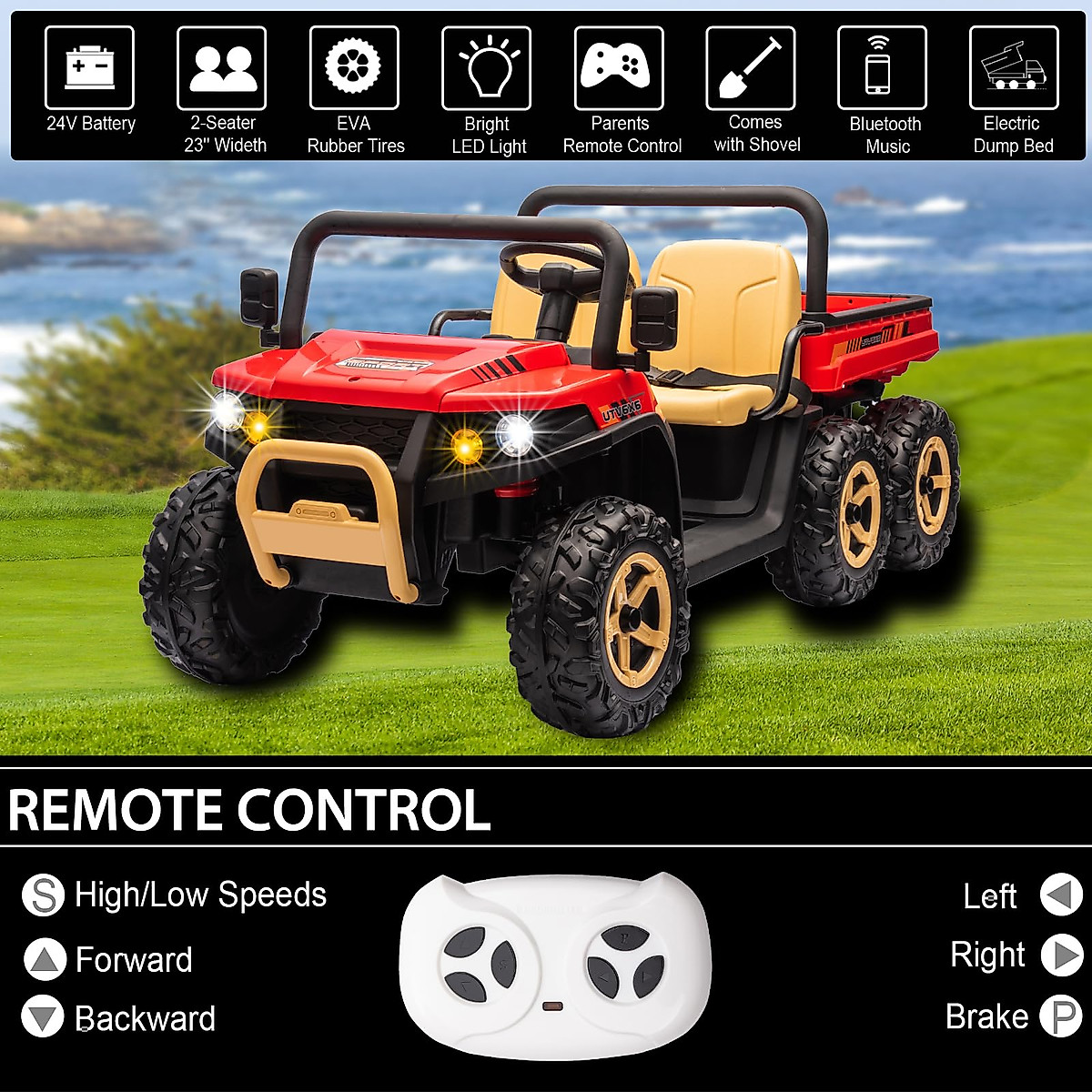 Nitoess 2 Seater 24V Kid Dump Truck with Remote Control Electric Utility Vehicles UTV 2WD/4WD Battery Powered 6 Wheeler,Ride on Car Kids Ride On Dump Truck,EVA Tire,Red