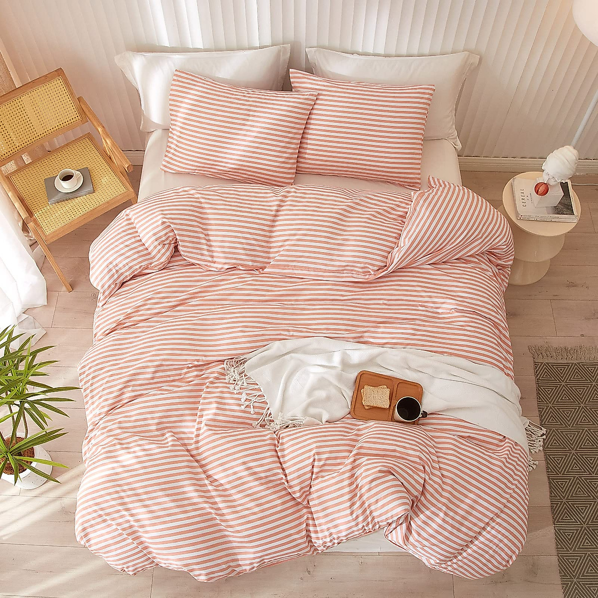 EAVD Duvet Cover Twin XL Pink Striped Duvet Cover Soft Microfiber Classic Pink and White Striped Geometric Bedding Set with 2 Pillowcases Reversible Pink Striped Comforter Cover with Zipper Closure