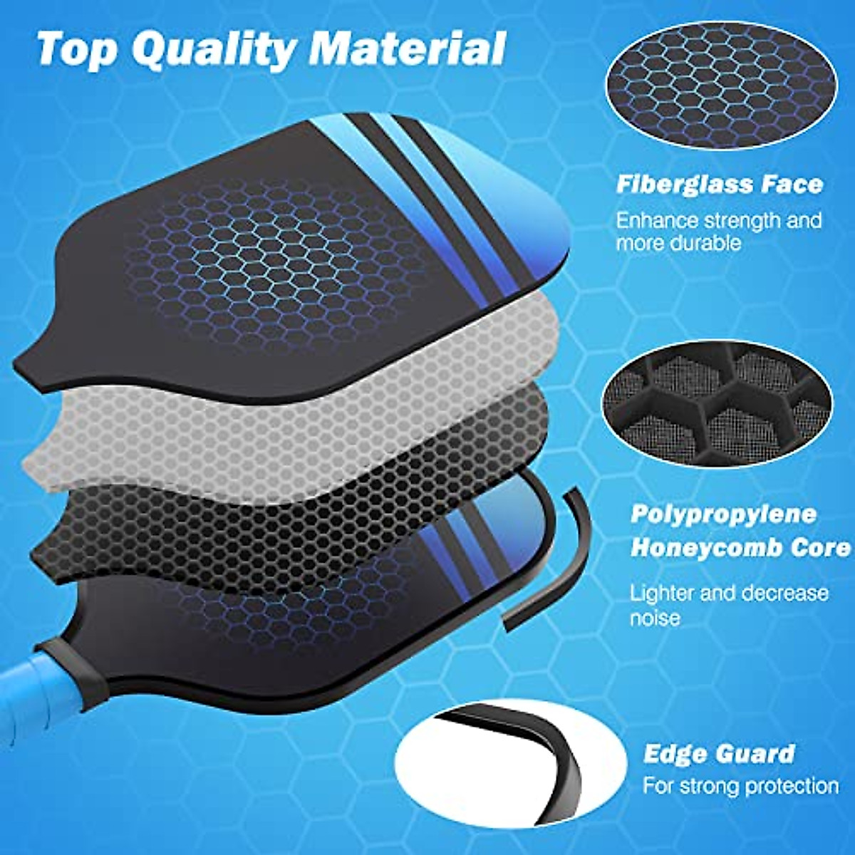 MoKo Pickleball Paddles Set of 4, Fiberglass Surface Raquette Set Honeycomb Core with 4 ballls+2 Ball Retriever+4 Replacement Soft Grip+1 Bag, Gift for Kids Men Women, Blue+Purple