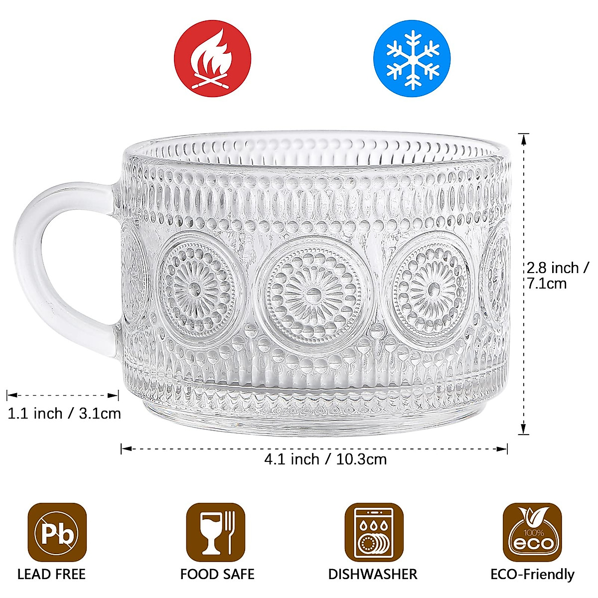 kickmove 4 Pack 14oz Glass Coffee Mugs with Spoons, Clear Embossed Vintage Cups for Latte,Cappuccino,Tea.Thanksgiving,Christmas,Valentine,Mother and Father's Day Gift for Family and Friends