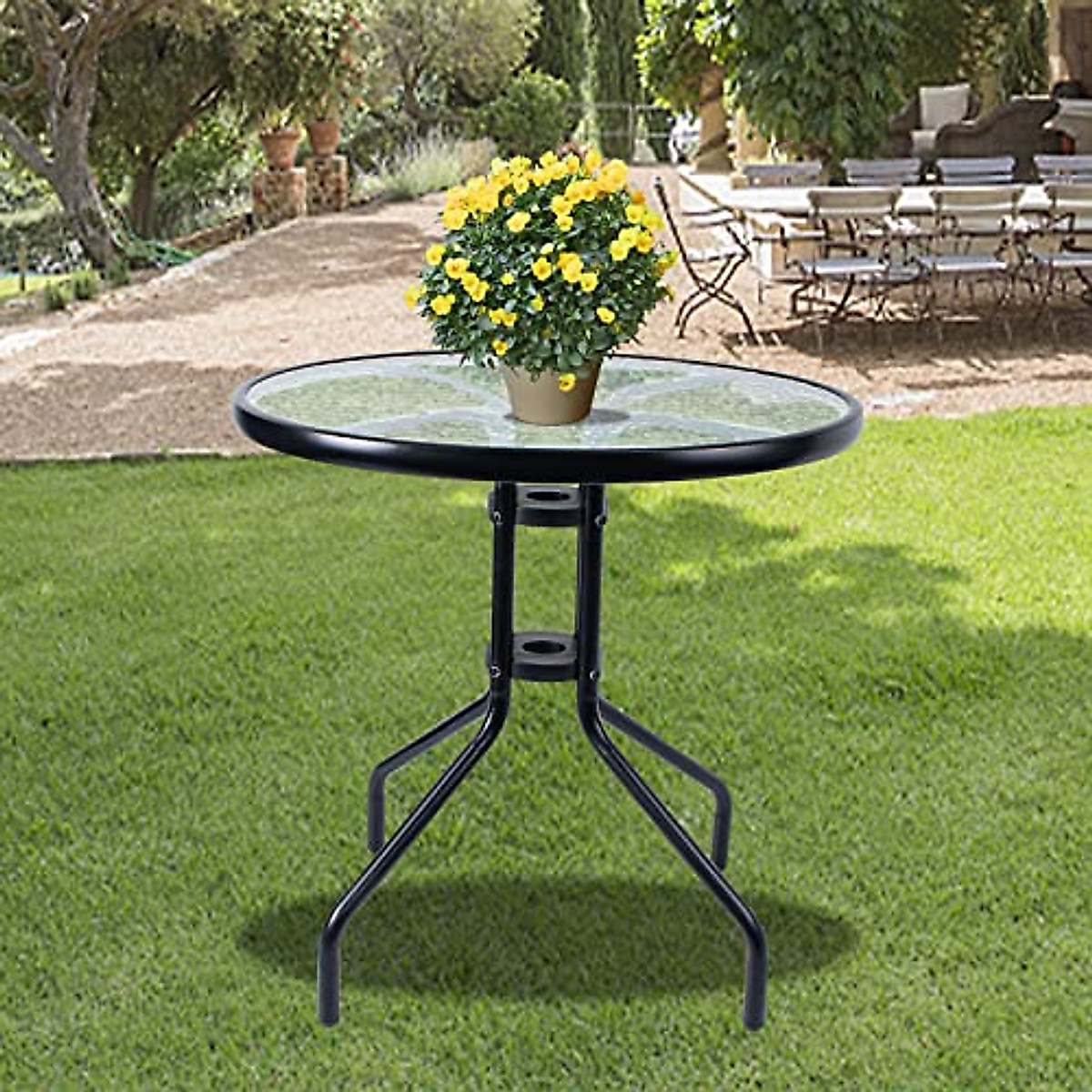 Vipush 24" Outdoor Bistro Table Round Patio Side Table Dining Table with Glass Table Top Metal Coffee Table for Lawn Garden Pool Steel Frame Commercial Party Table Black