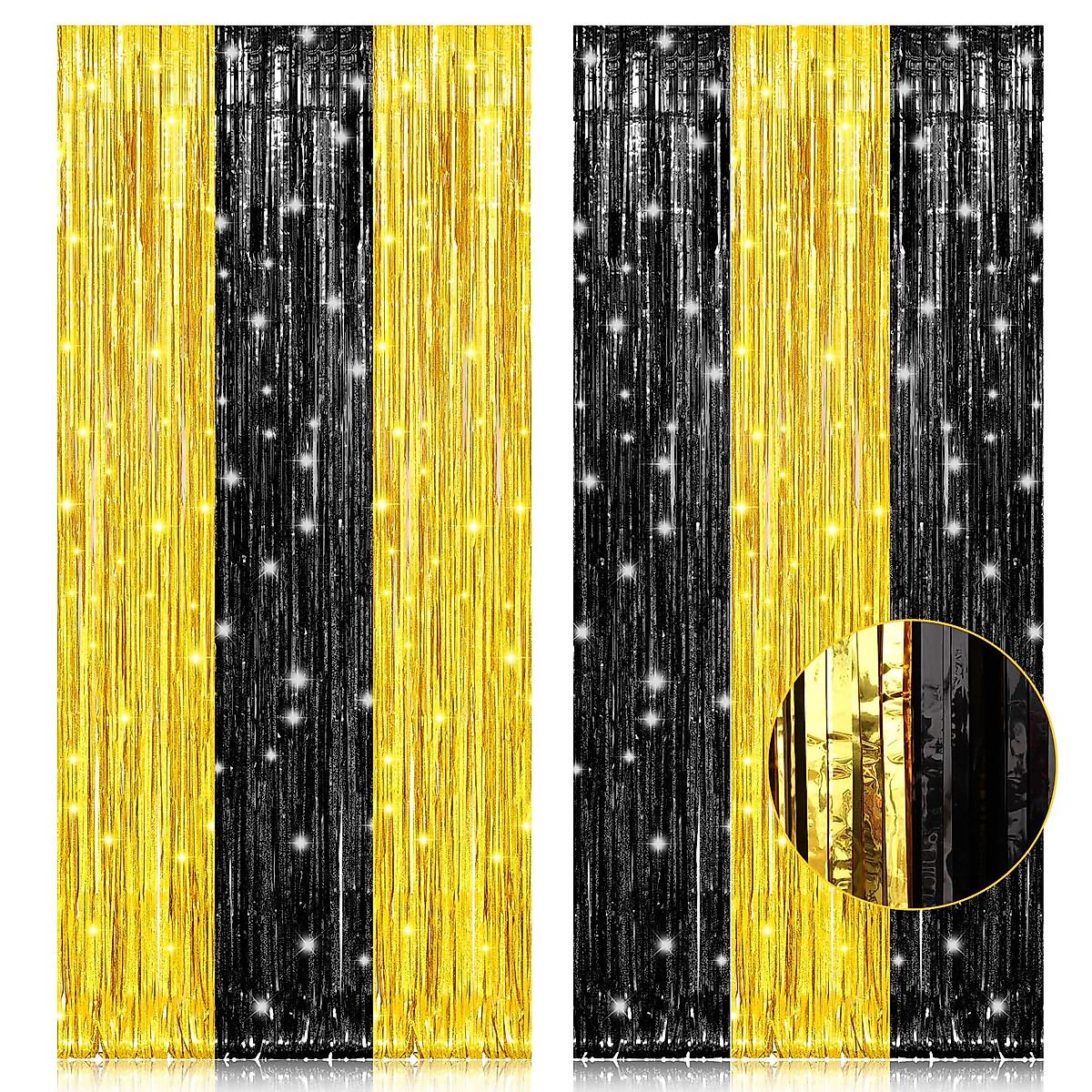 PIGETALE, 2 Pack 3.2x8.2 Feet Black and Gold Tinsel Backdrop Party Decorations, Foil Fringe Curtains Backdrop for Birthday Graduation Wedding Engagement Bridal