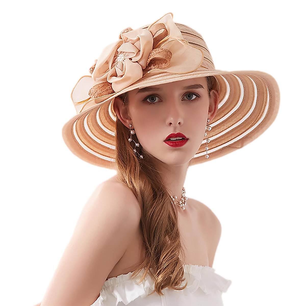 Kentucky Organza Wide Brim Sun Hat Summer Derby Hats for Tea Party Wide Brim Bowler Cap Khaki