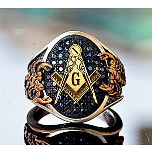 Handcrafted 925 Sterling Silver Men's Freemason Scorpion Ring with Black Agate Gemstone, Masonic Gold Plated King Signet Design, Unique Sterling Silver Ring